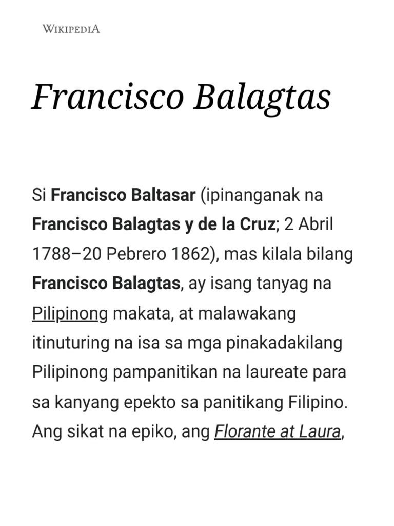Francisco Balagtas - Wikipedia, Ang Malayang Ensiklopedya PDF | PDF
