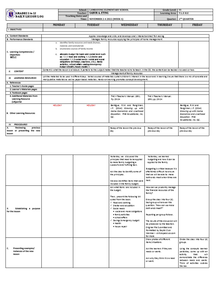 Grade 6 DLL TLE Q2 Week 1 | PDF | Cognition | Learning