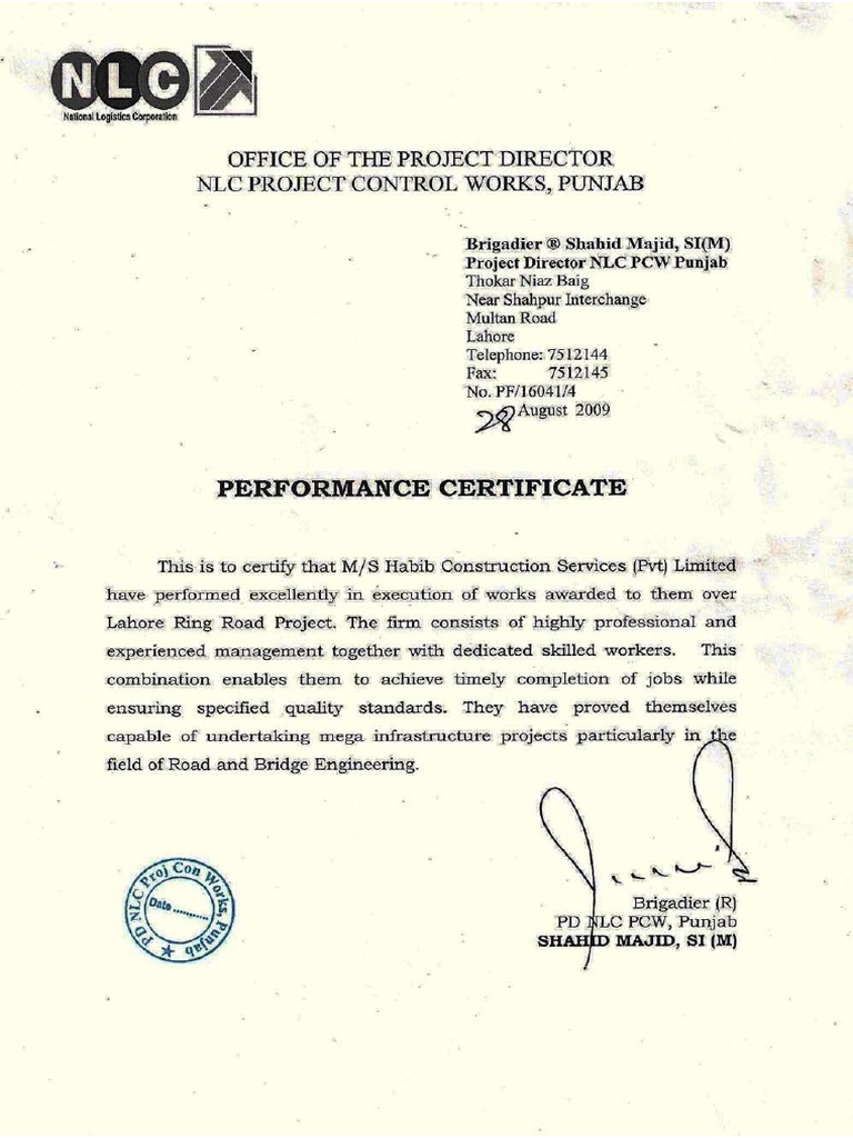 1 Performance Certificate by NLC | PDF