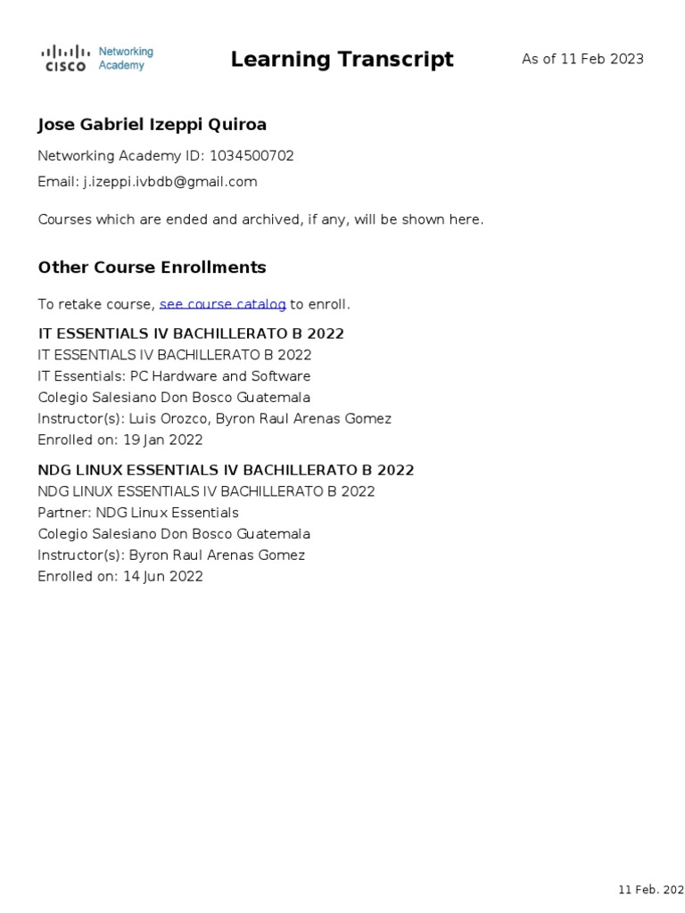 NetAcad Learning Transcript | PDF