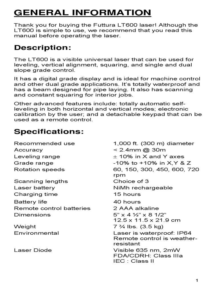 Futtura LT600 Manual Rev2 July06 PDF | PDF | Technology & Engineering