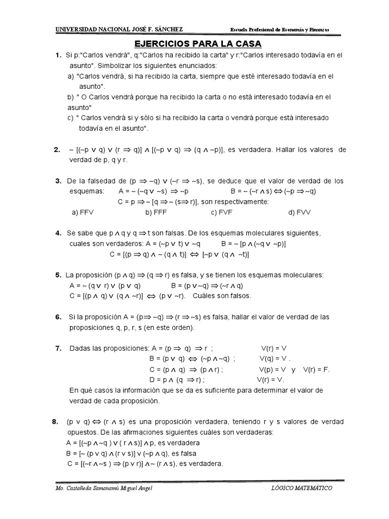 Trab1 Logica Proposicional | PDF | Proposición | Verdad