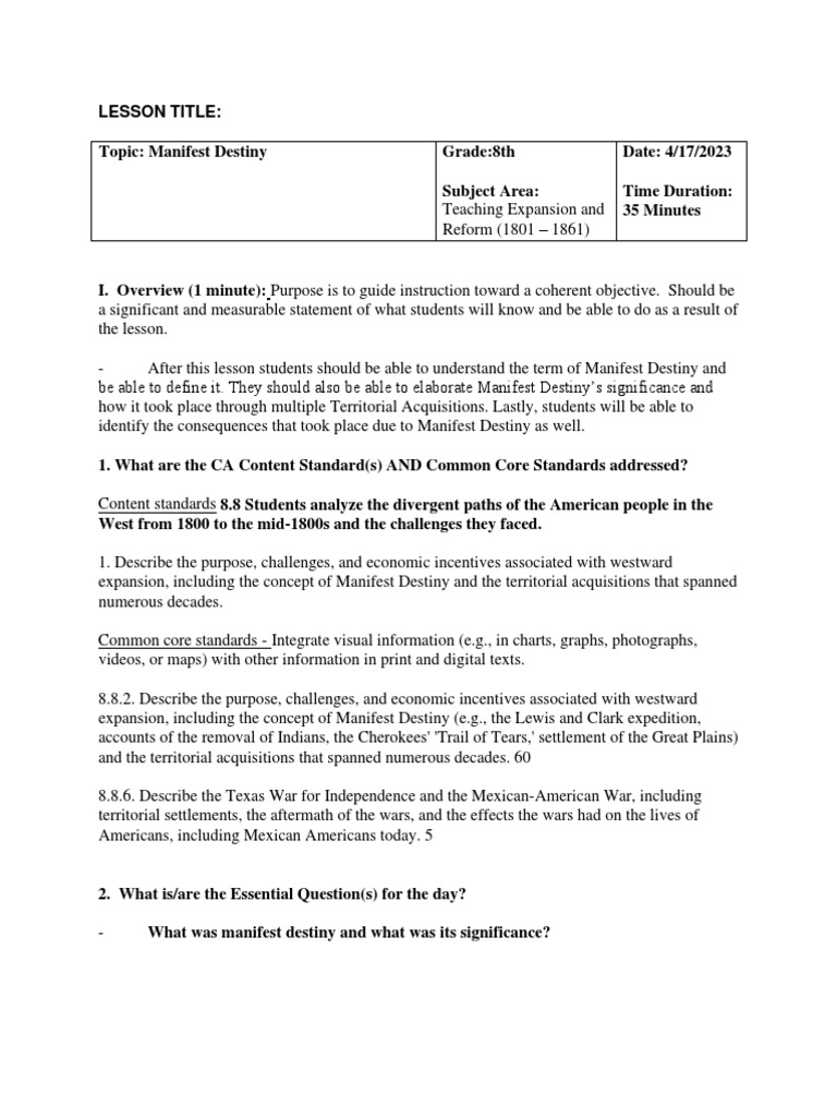 Manifest Destiny Lesson Plan for 8th Grade | PDF | Lecture | Lesson Plan