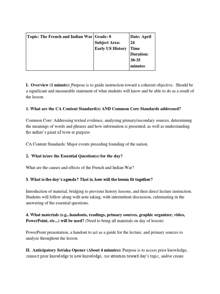 Lesson Plan - The French and Indian War | PDF | Career & Growth