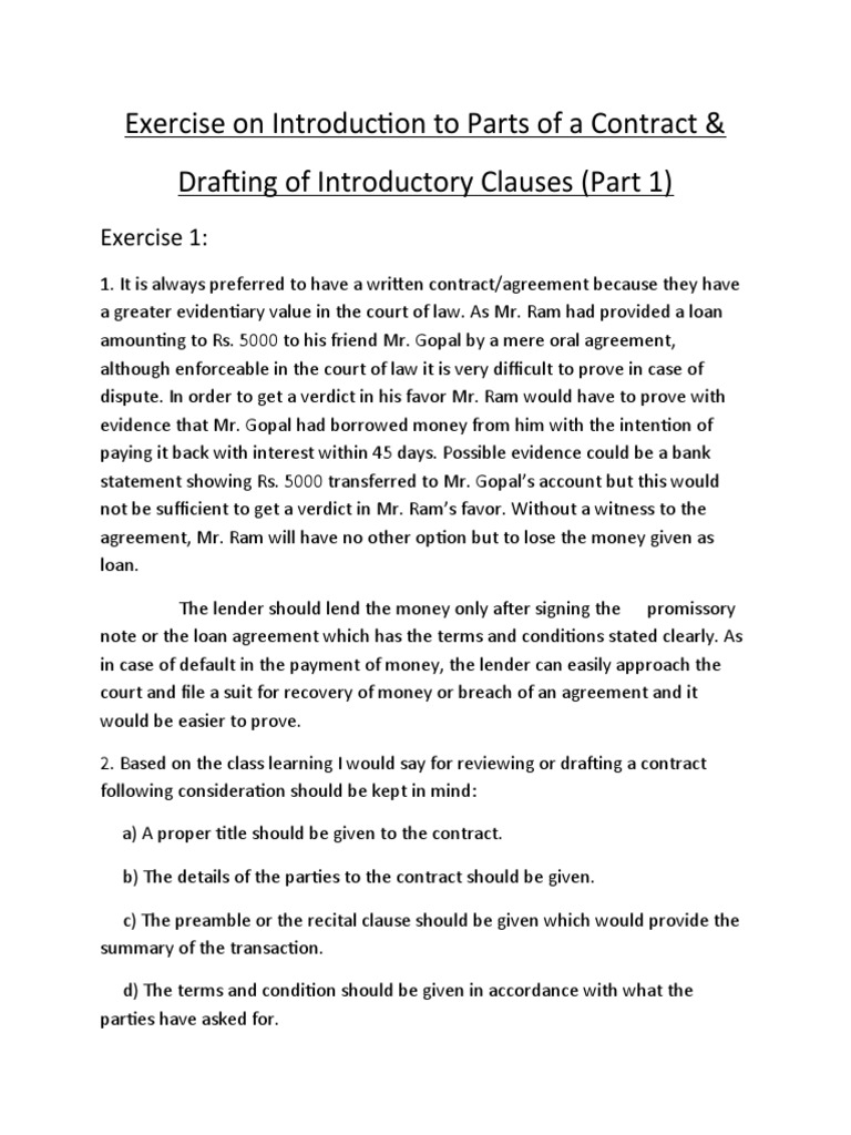 Exercise On Introduction To Parts of A Contract 1 | PDF | Loans | Renting
