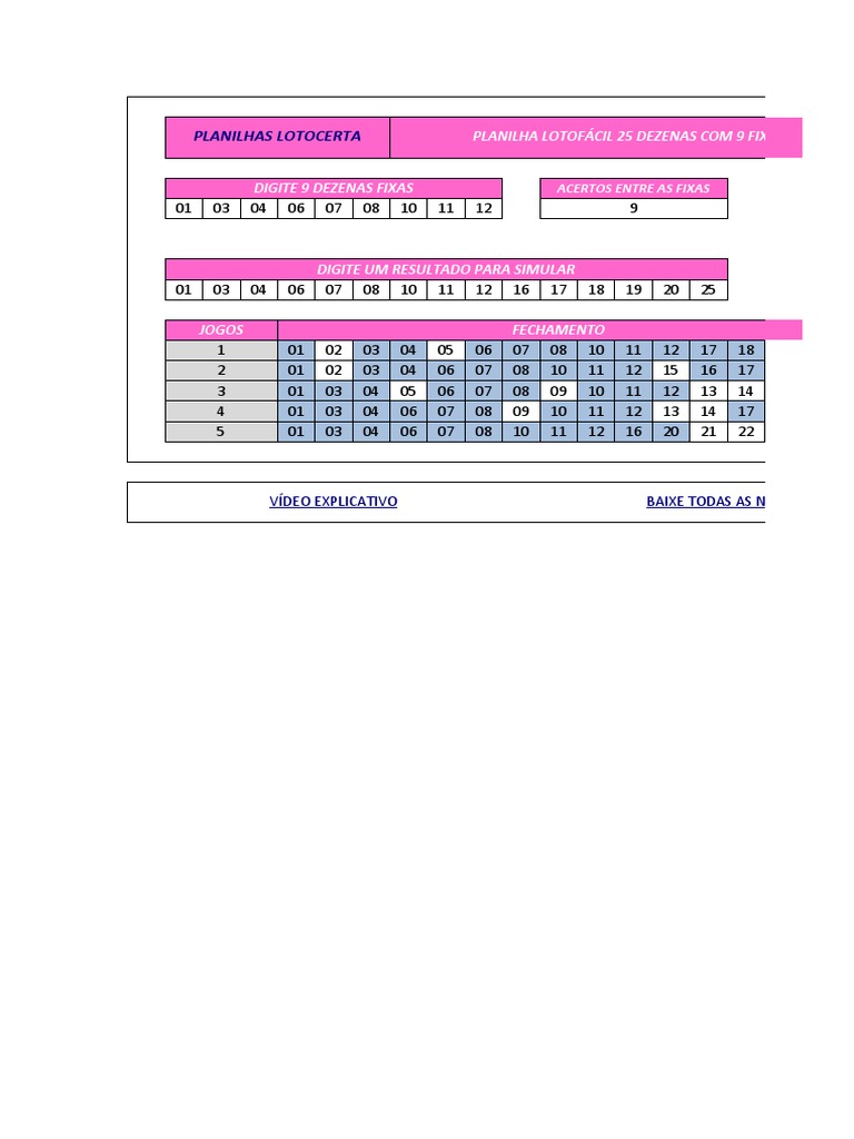 Planilha Lotofacil Com 9 Fixas em 5 Jogos | PDF