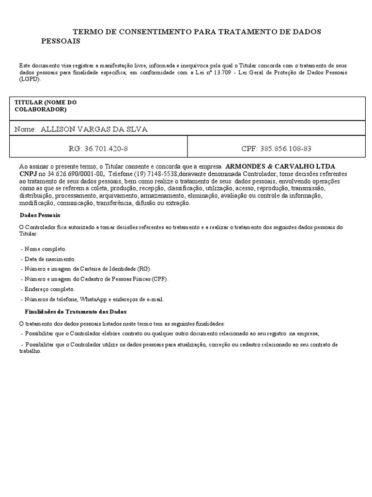 Modelo - Termo de Consentimento para Tratamento de Dados Pessoais | PDF Modelo - Termo de Consentimento para Tratamento de Dados Pessoais | PDF