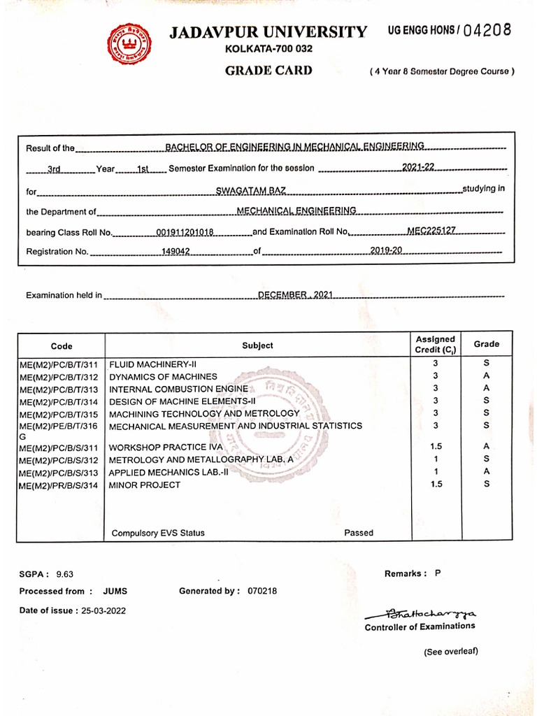 3rd Year 1st Sem Grade Card SWAGATAM BAZ | PDF