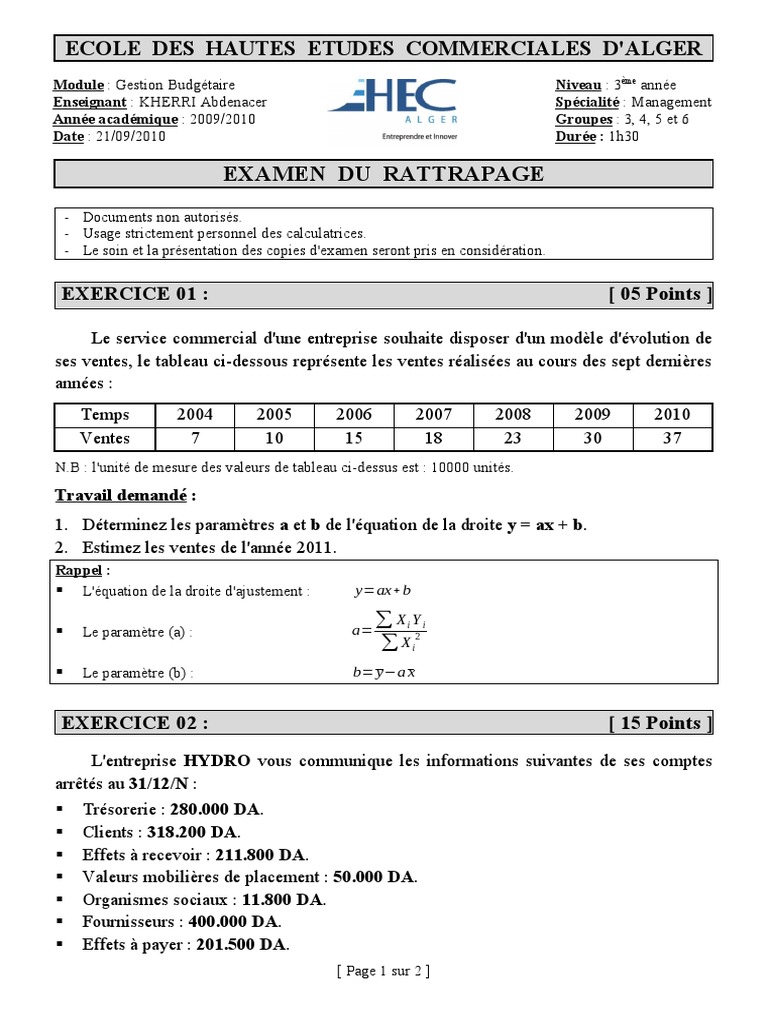 Examen de rattrapage en gestion budgétaire | PDF