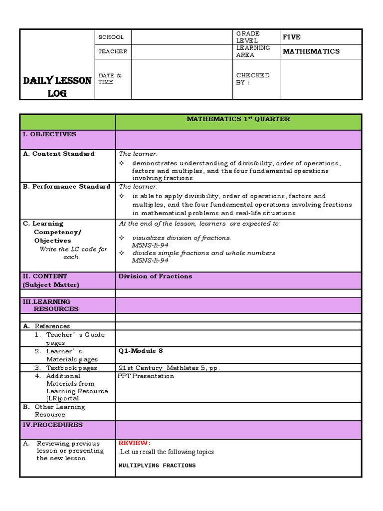 MATH 5 DLL - Q1 Visualizes Division of Fractions | PDF | Division ...