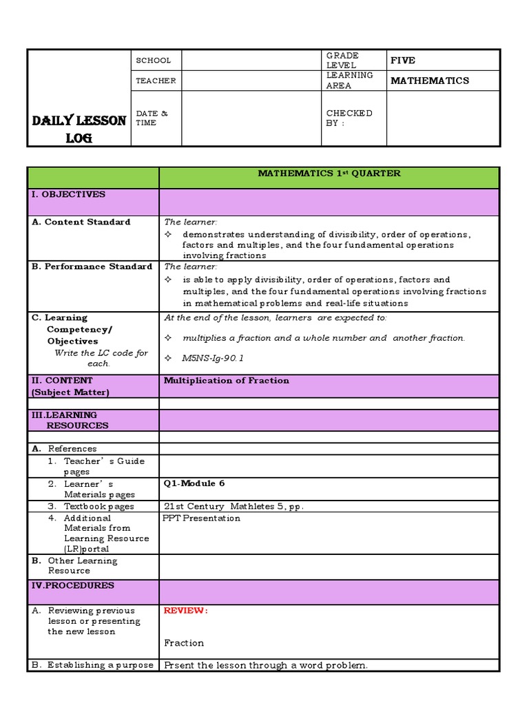 MATH 5 DLL - Q1 - Multiplies A Fraction and A Whole Number and Another Fraction | PDF | Learning ...
