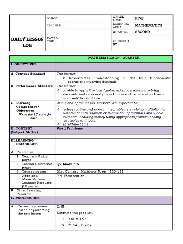 MATH 5 DLL - Q2 Solves Routine and Non-Routine Problems Involving Multiplication Without or With ...