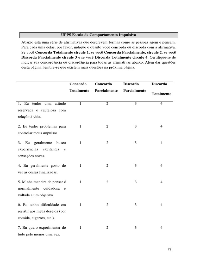 UPPS Escala de Comportamento Impulsivo PDF | PDF | Carreira e Crescimento | Estilo de vida