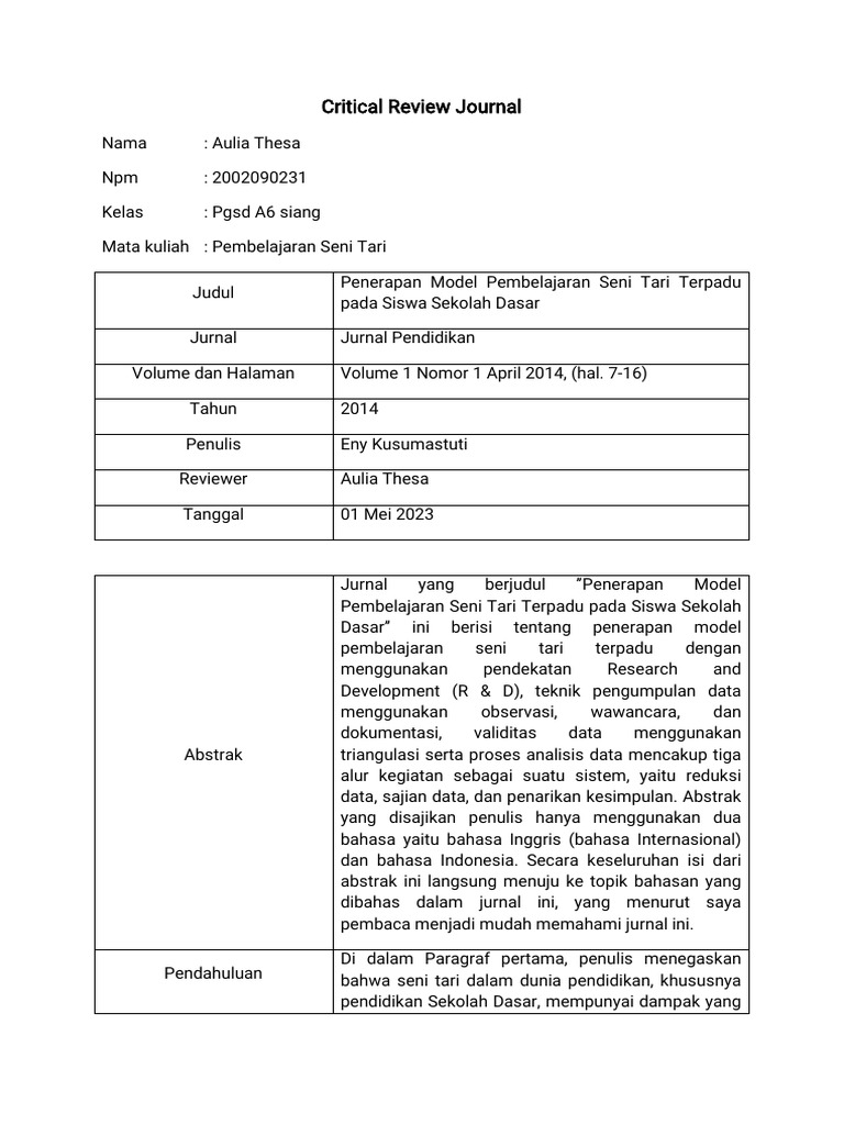 Critical Review Journal Seni Tari | PDF