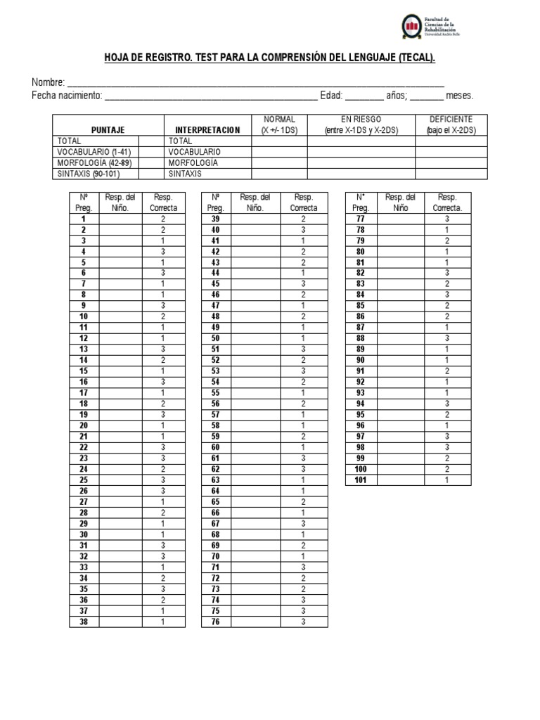 Hoja de Registro del Test TECAL | PDF