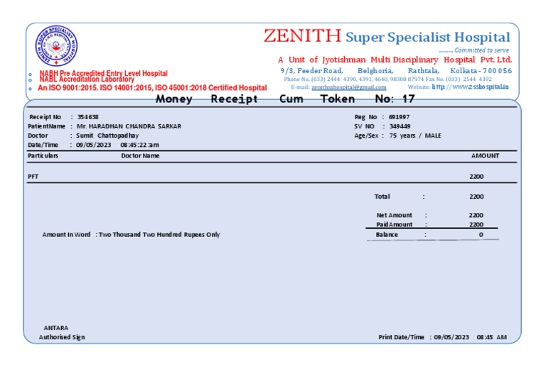 Zenith Super Specialist Hospital Receipt | PDF