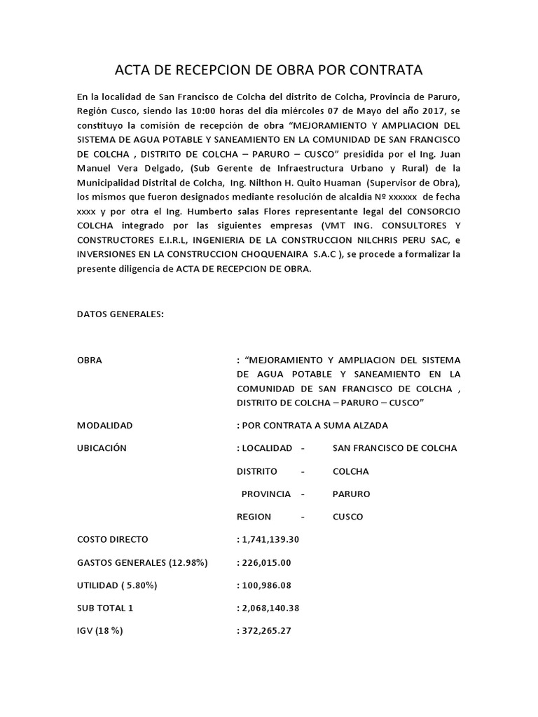 Acta de Recepcion de Obra Por Contrata | PDF
