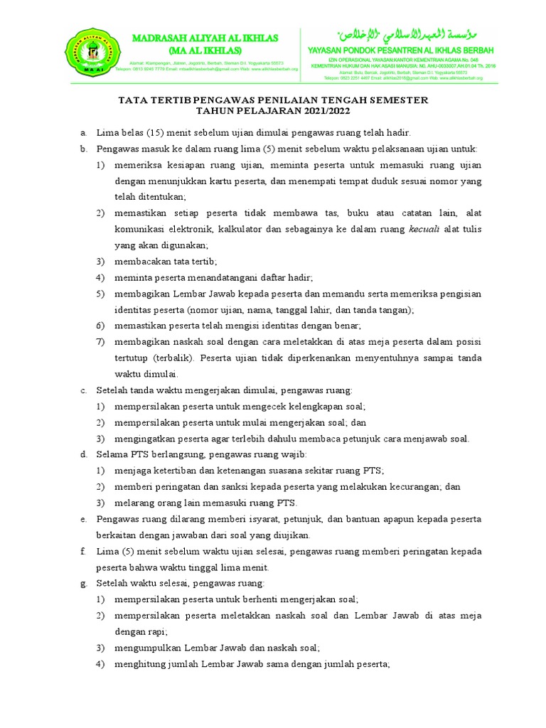 Tata Tertib Pengawas Penilaian Tengah Semester Genap 2021.2022 | PDF