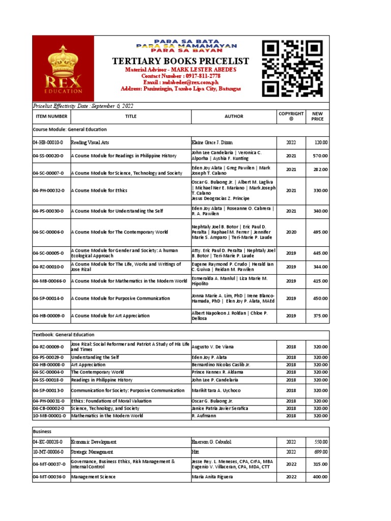 Rex Education Tertiary Books Pricelist As of 12.5.2022 | PDF
