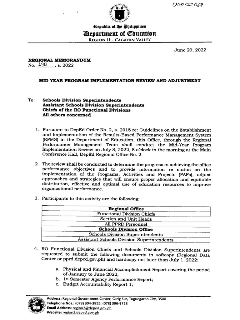 RM. No. 198 S. 2022 MID YEAR PROGRAM IMPLEMENTATION REVIEW AND ... RM. No. 198 S. 2022 MID YEAR PROGRAM IMPLEMENTATION REVIEW AND ...