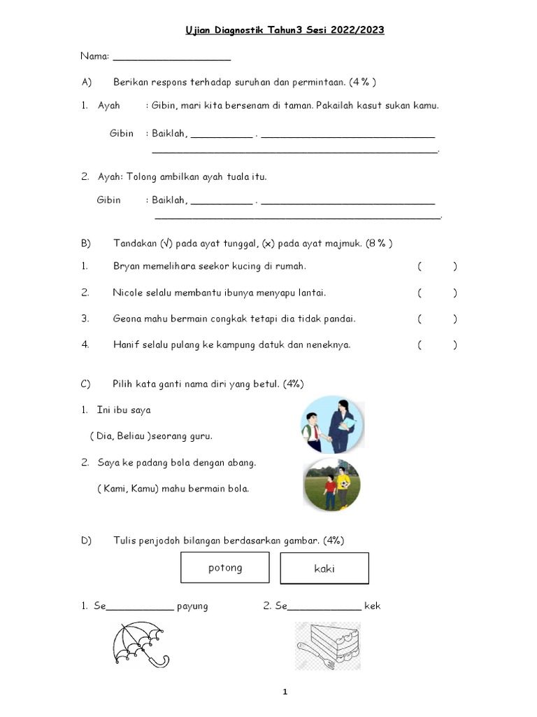 Ujian Diagnostik Tahun 3a 2023 | PDF