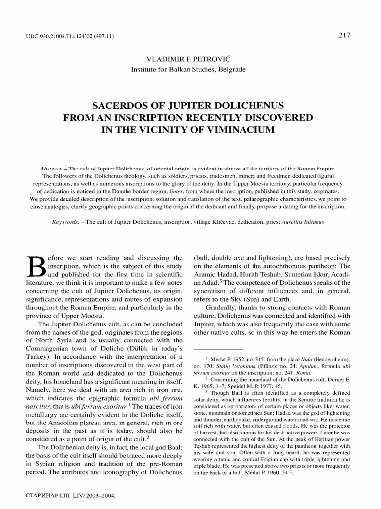 Sacerdos of Jup Dolichenus From An Inscr Rec Discovered in The Vic of ...