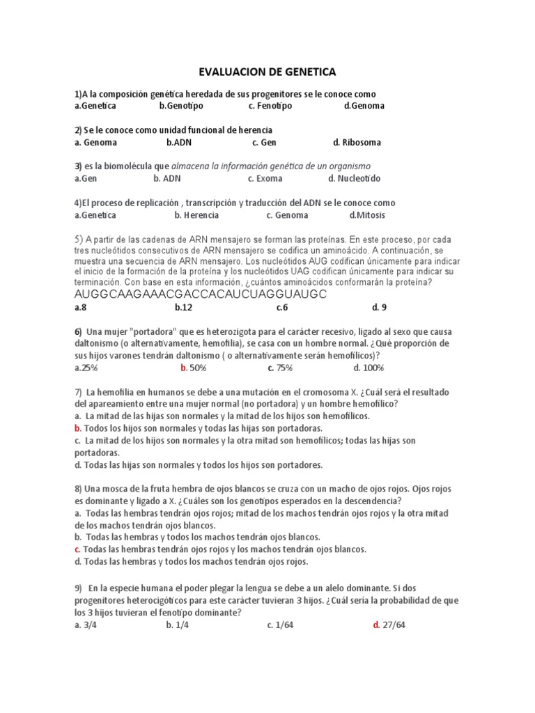Evaluacion de Genetica | PDF | Gene | Dominancia (Genética)