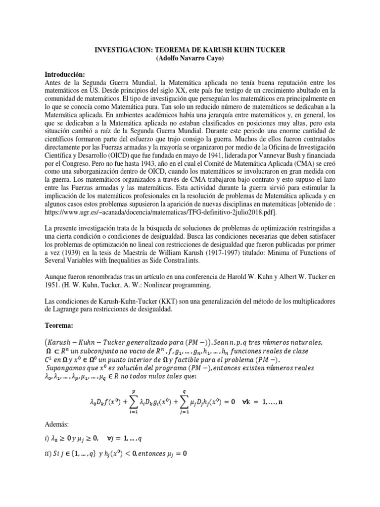 Teorema de Karush-Kuhn-Tucker en Optimización | PDF | Matemáticas ...