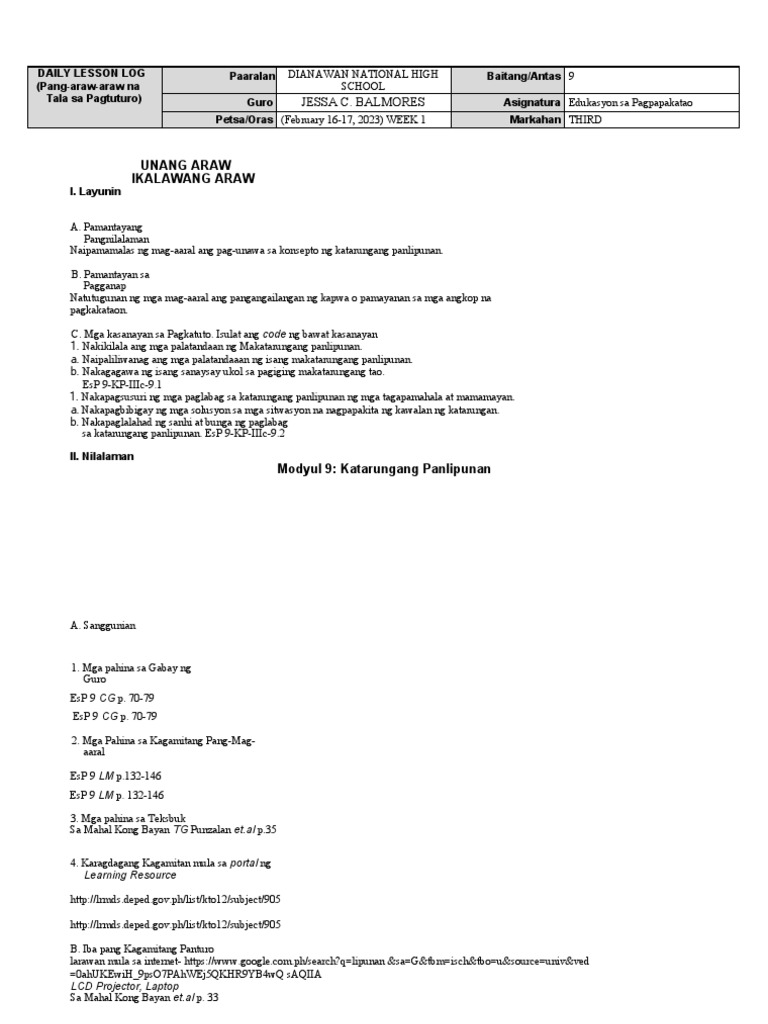 Daily Lesson Log in Esp9 Week 1 | PDF