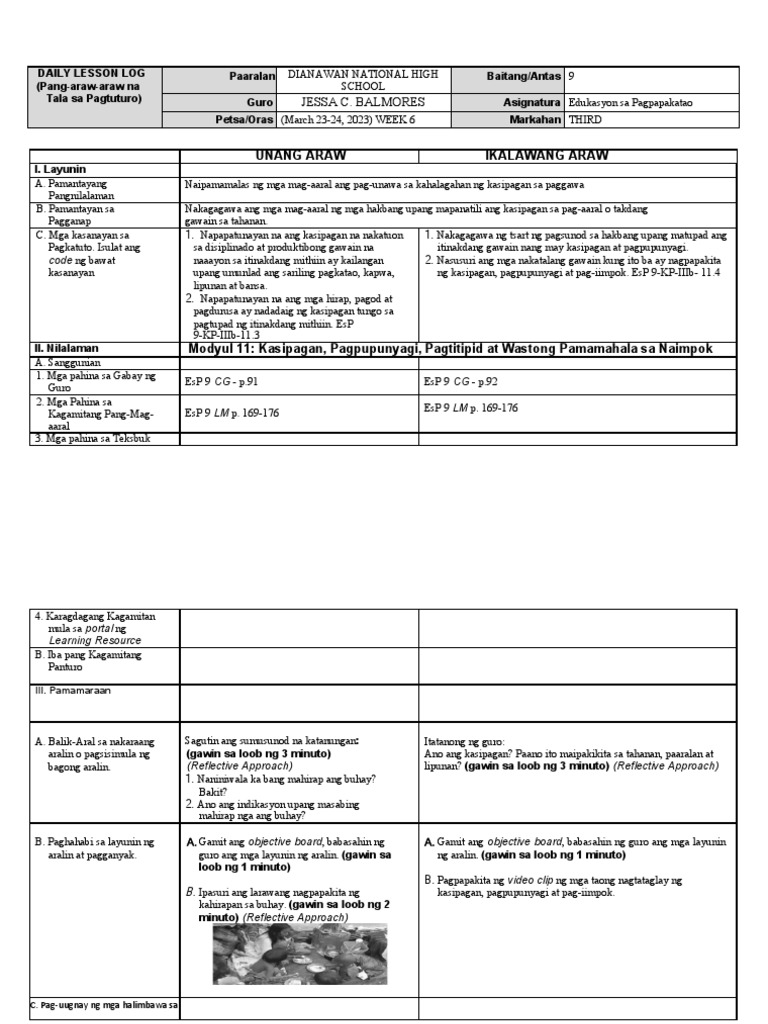 DAILY LESSON LOG in ESP9 Week 6 | PDF