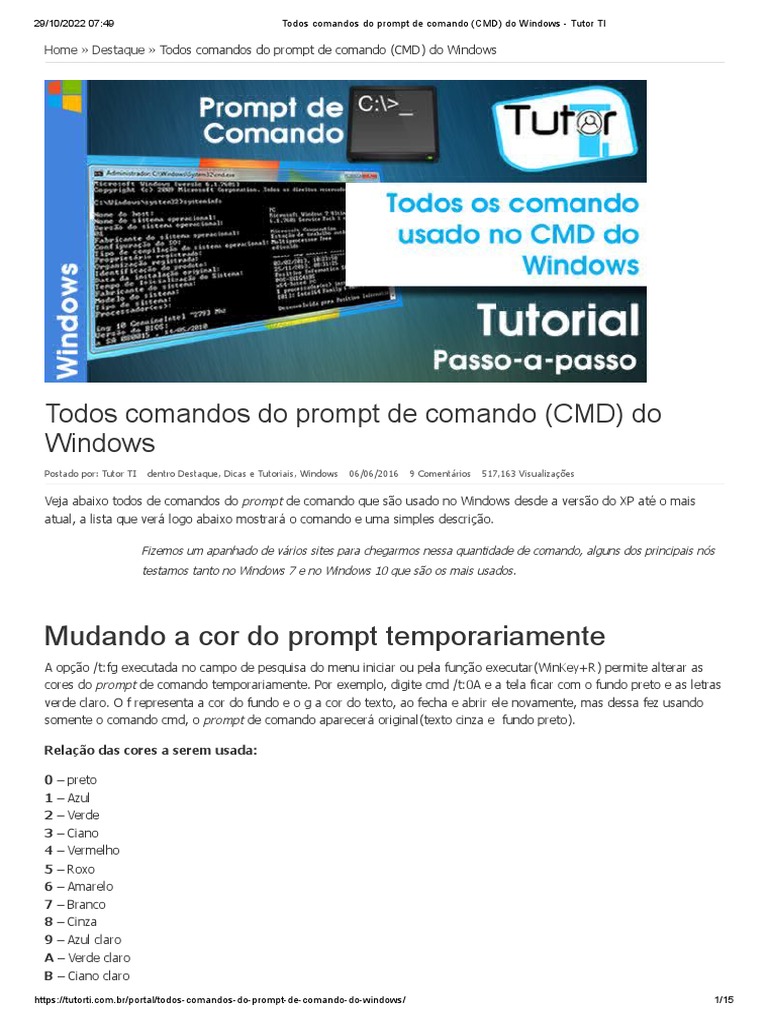 Todos Comandos Do Prompt de Comando (CMD) Do Windows - Tutor TI PDF ...