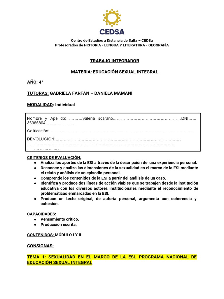 Trabajo Final Esi 2023 | PDF | Educación sexual | Enseñando