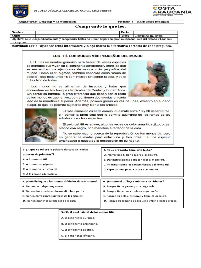 Guía N 4 Comprensión Lectora Pdf Mono