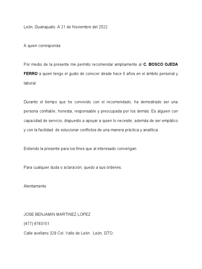Recomendación para Bosco Ojeda Ferro | PDF