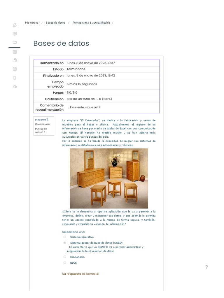 Puntos Extra 1 Autocalificable - Revisión Del Intento 1 Base de Datos ...