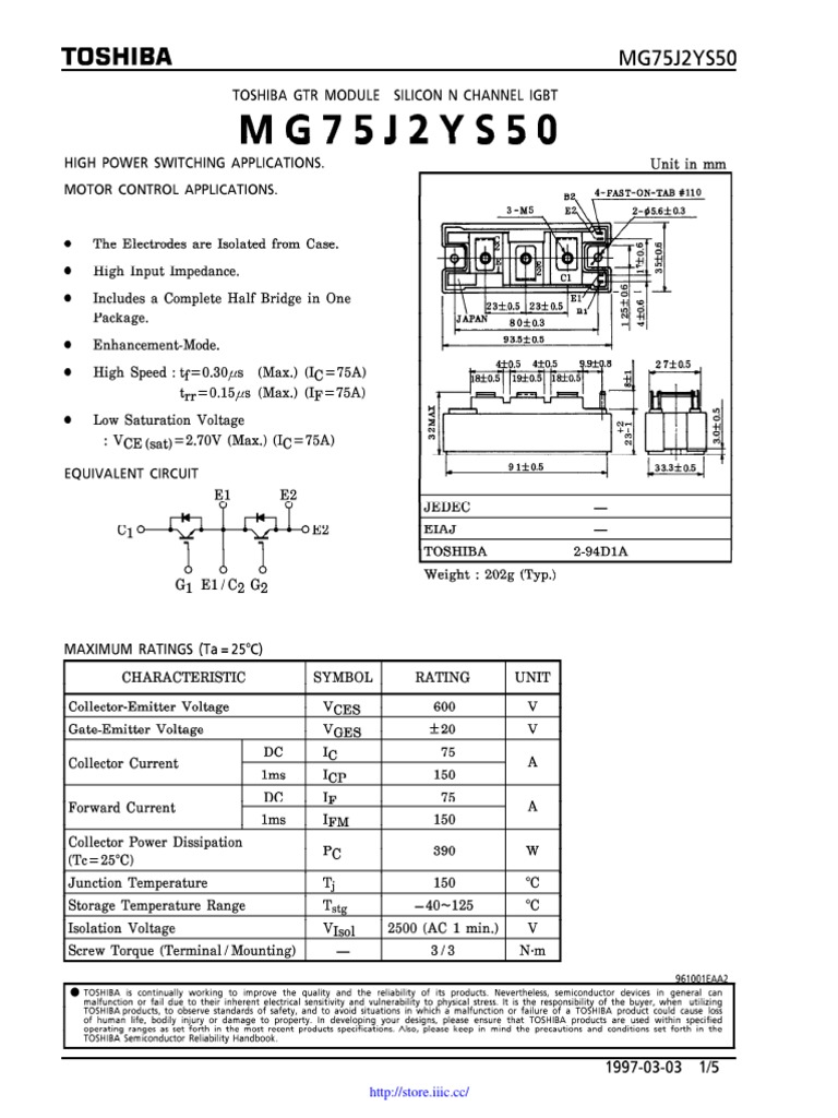 Datasheet Igbt Mg75j2ys40 | PDF