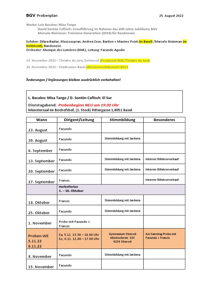 25 - 08 - 22 Probenplan Misa Tango PDF | PDF