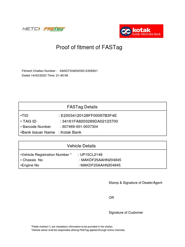 FASTag Fitment Confirmation | PDF