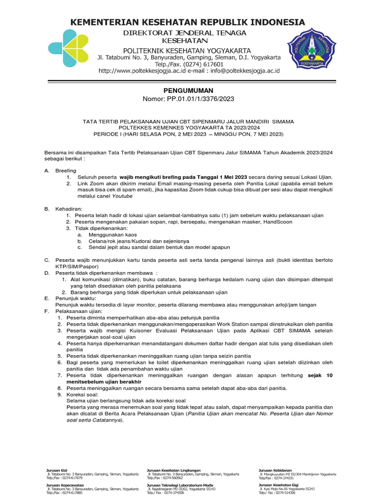 Pengumuman Pelaksanaan Ujian CBT Simama 2023 | PDF