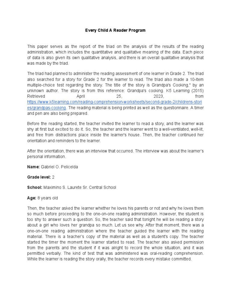 Analysis of Gabriel's Reading Performance Through the Every Child a Reader Program | PDF ...