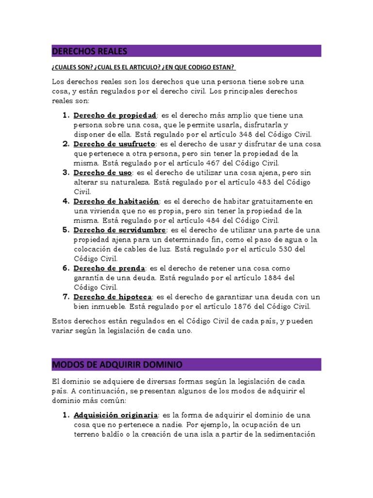Los derechos reales y modos de adquirir dominio según el Código Civil ...