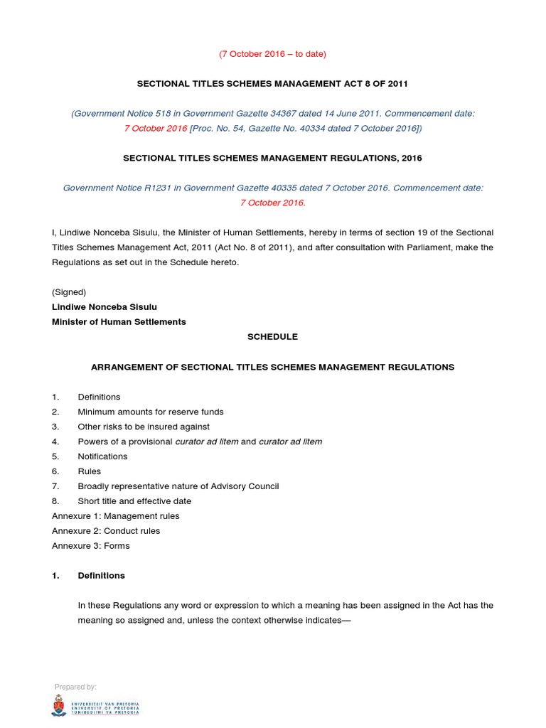 Sectional Titles Scheme Management Act No. 8 of 2011 - Regulations of ...