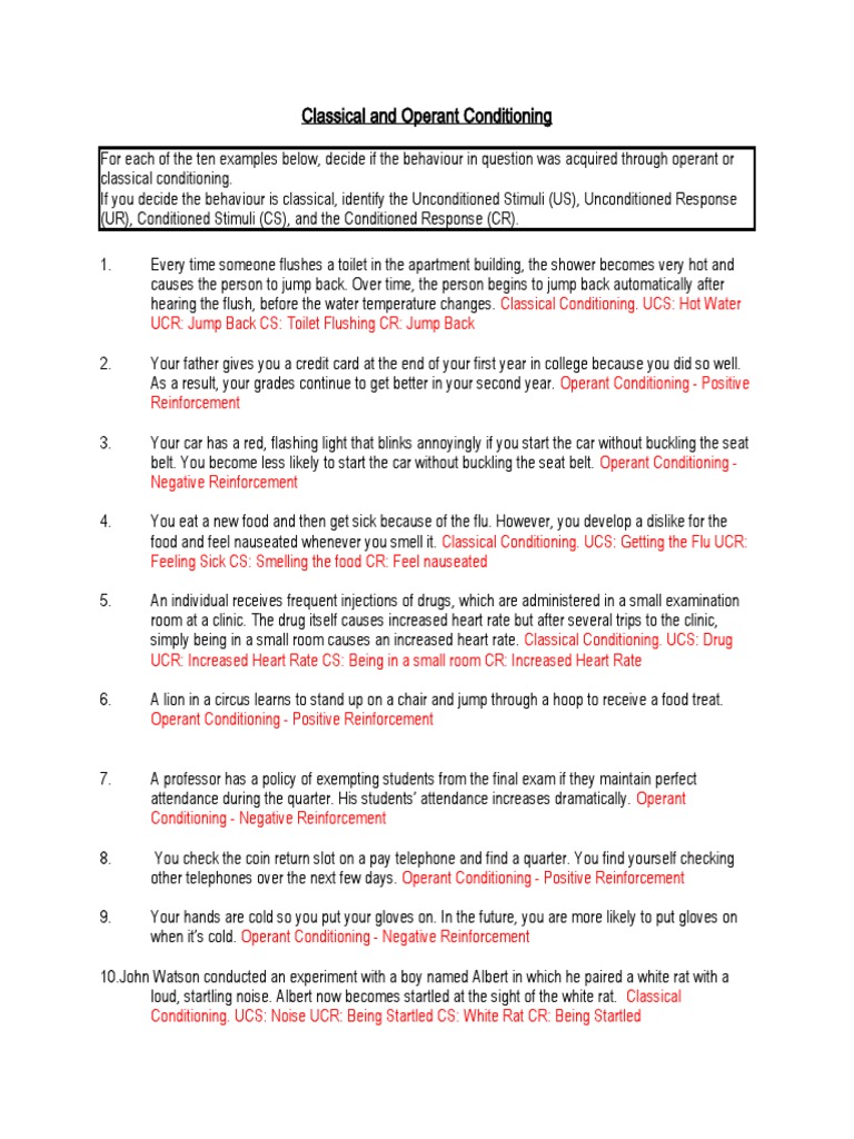 Classicaland Operant Conditioning ANSWERS | PDF | Classical ...