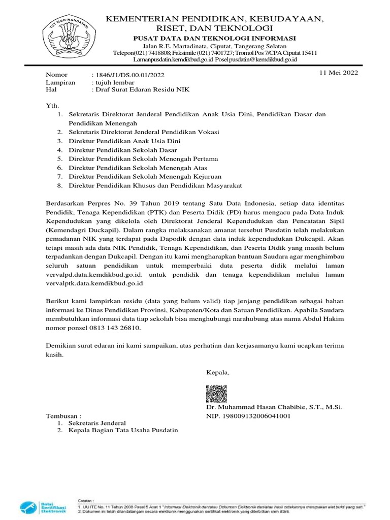Draft Surat Edaran Residu NIK | PDF