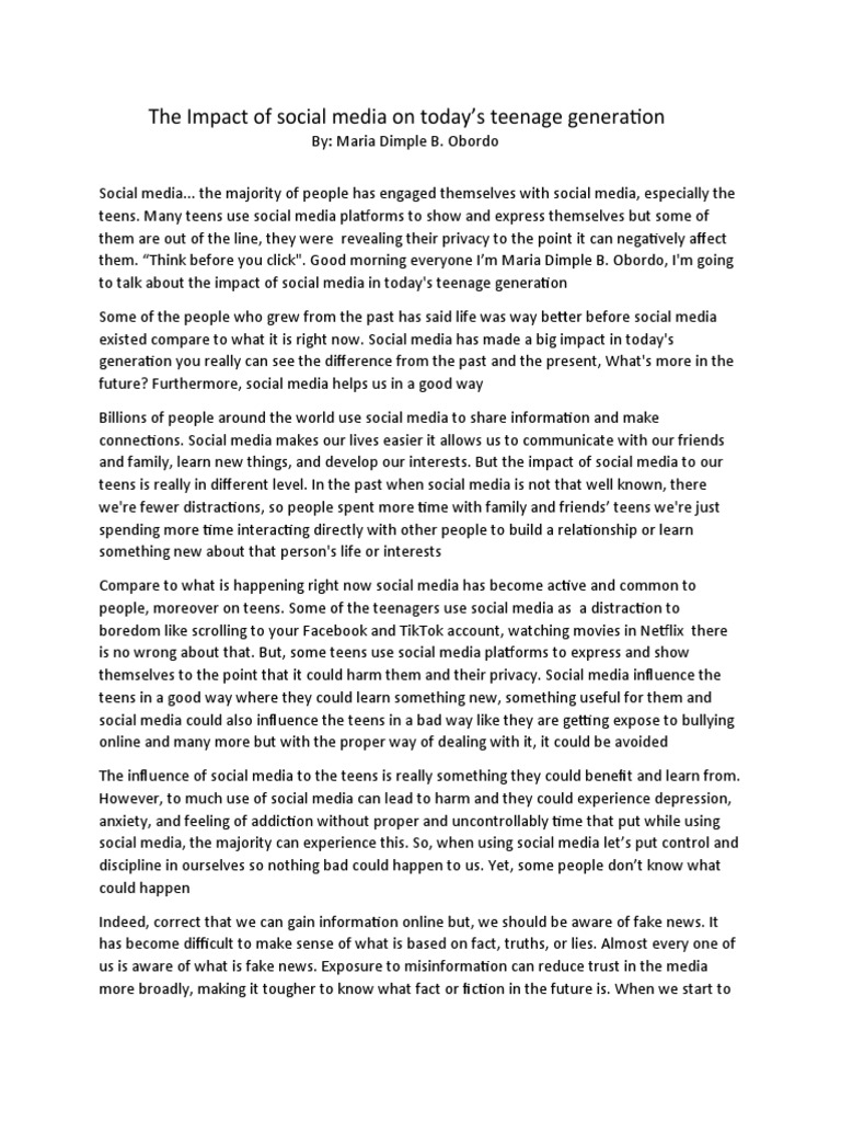 The Impact of Social Media in Todays Teenage Generation | PDF | Social ...