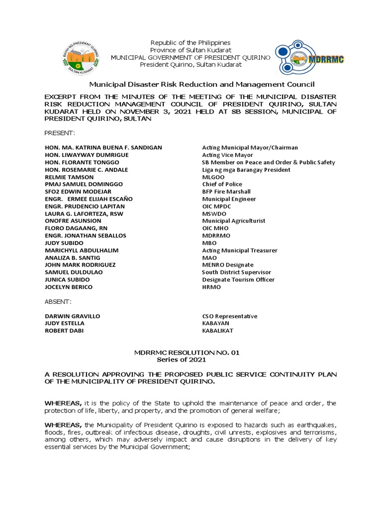 MDRRMC Resolution # 1 | PDF