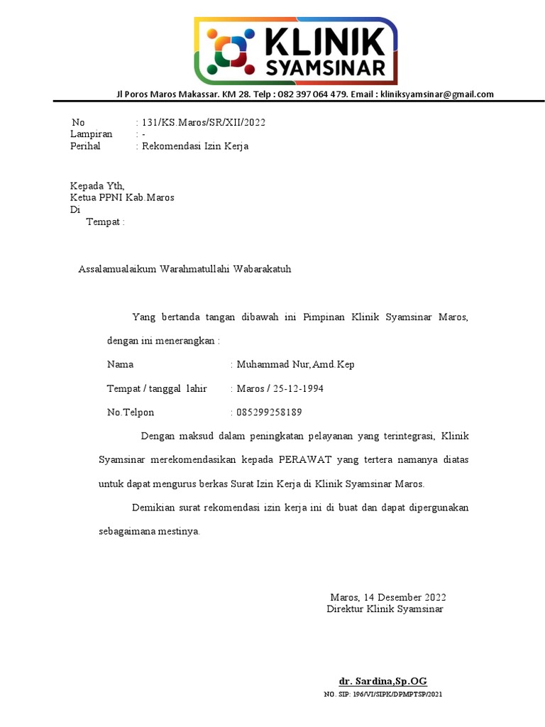 Surat Rekomendasi Kerja Perawat Klinik Syamsinar | PDF