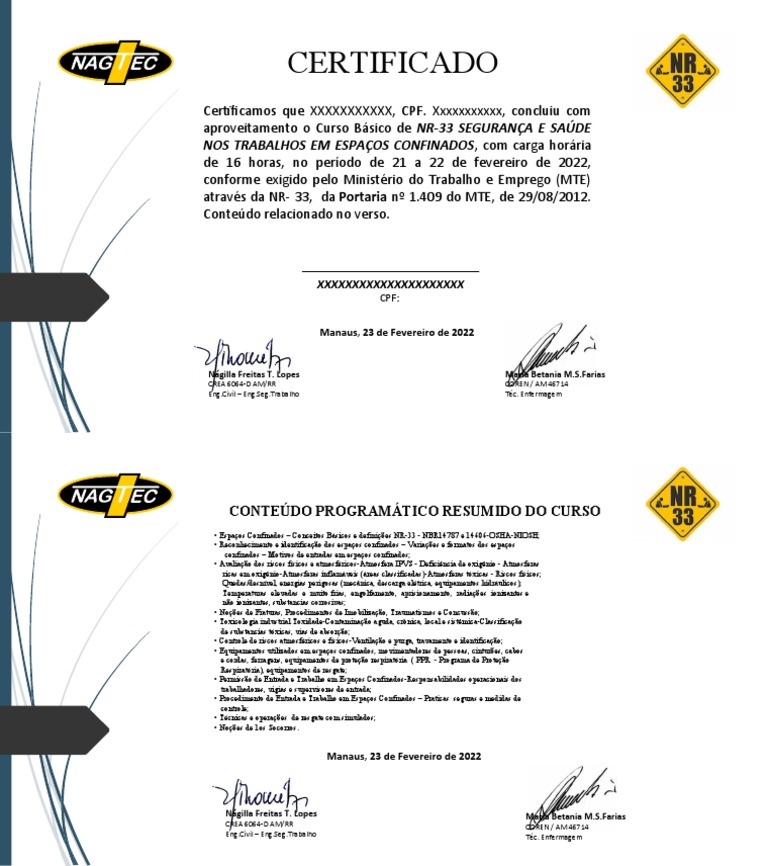 Certificado NR33 Espaços Confinados Modelo | PDF | Ciências Físicas