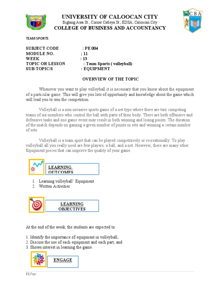 Module 11 Week 13 PE 004 Equipment of Volleyball | PDF | Volleyball | Knee