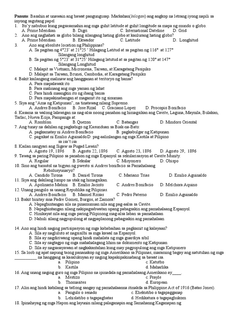PRE-TEST_ARALING PANLIPUNAN 6 | PDF